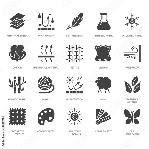 Fabric feature, clothes material vector flat glyph icons. Garment ...